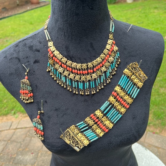 Jewelry | Vtg 193s Art Deco Blue Ceramiccoral Tubes Beads Jewelry Set ...
